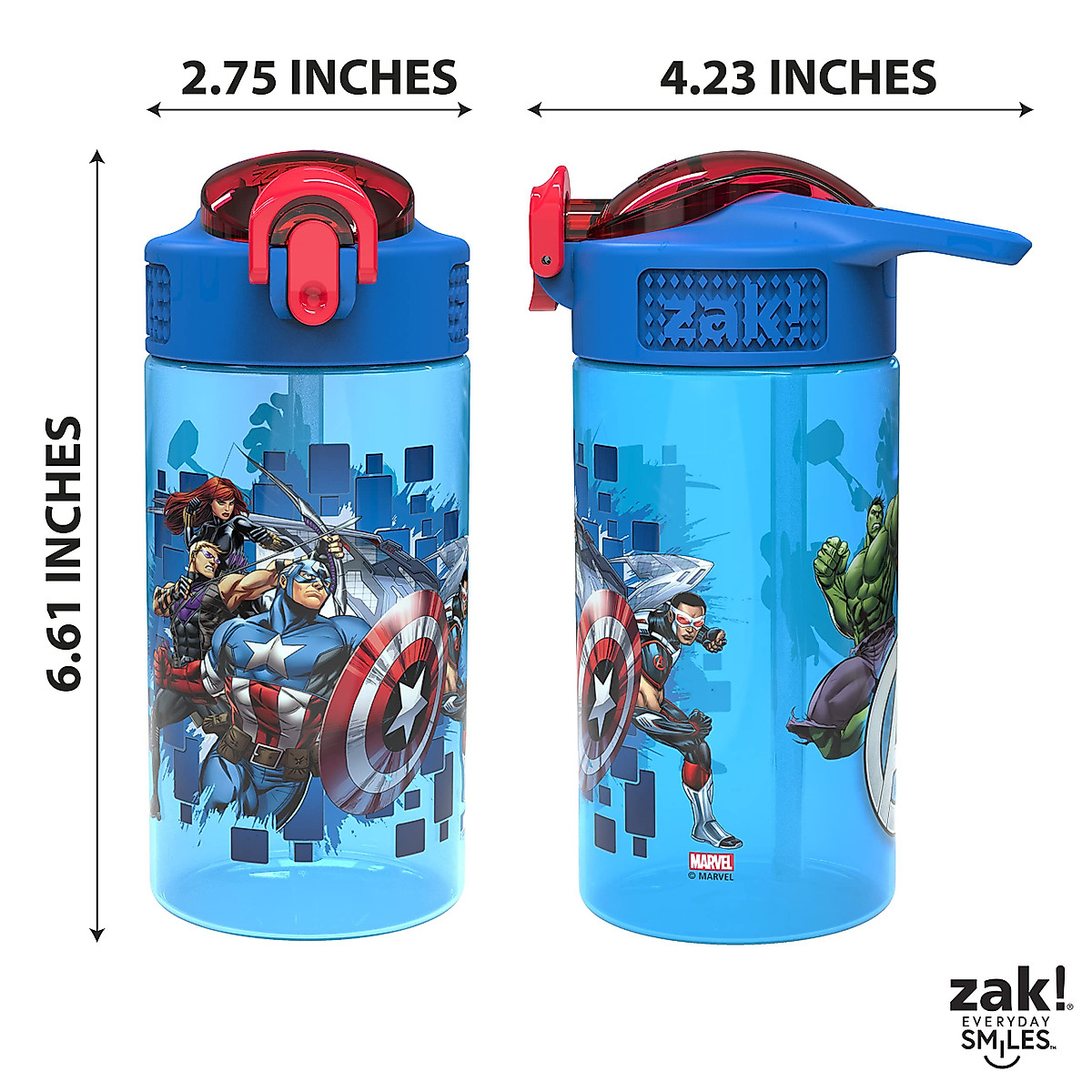 Zak Designs Kids Durable Plastic Spout Cover and Built-in Carrying Loop, Leak-Proof Water Design for Travel, (16oz, 2pc Set), Marvel Avengers
