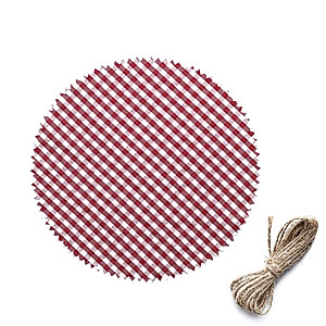 Efavormart 6 Pack | 6" Red/White Checkered Jam Jar Covers, Gingham Polyester Fabric Mason Jar Covers with Jute String - Scalloped Edge