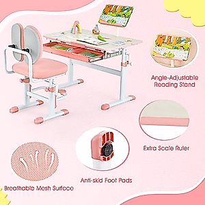 Costzon Kids Desk and Chair Set, Height-Adjustable Student Study Desk with Tiltable Desktop, Book Stand, Ergonomic Chair with Footrest, Writing Table & Chair Set for Boys Girls (Pink)