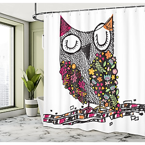Ambesonne Owls Shower Curtain, Owl Shaped by Geometric Floral Blooms Plants Patterns Colorful Doodle Design, Cloth Fabric Bathroom Decor Set with Hooks, 69" W x 75" L, Multicolor