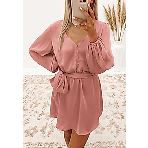 PRETTYGARDEN Women's Spring Long Puff Sleeve Satin Dress V Neck Cocktail Party Belted Short Formal Dresses (Dusty Pink,Medium)