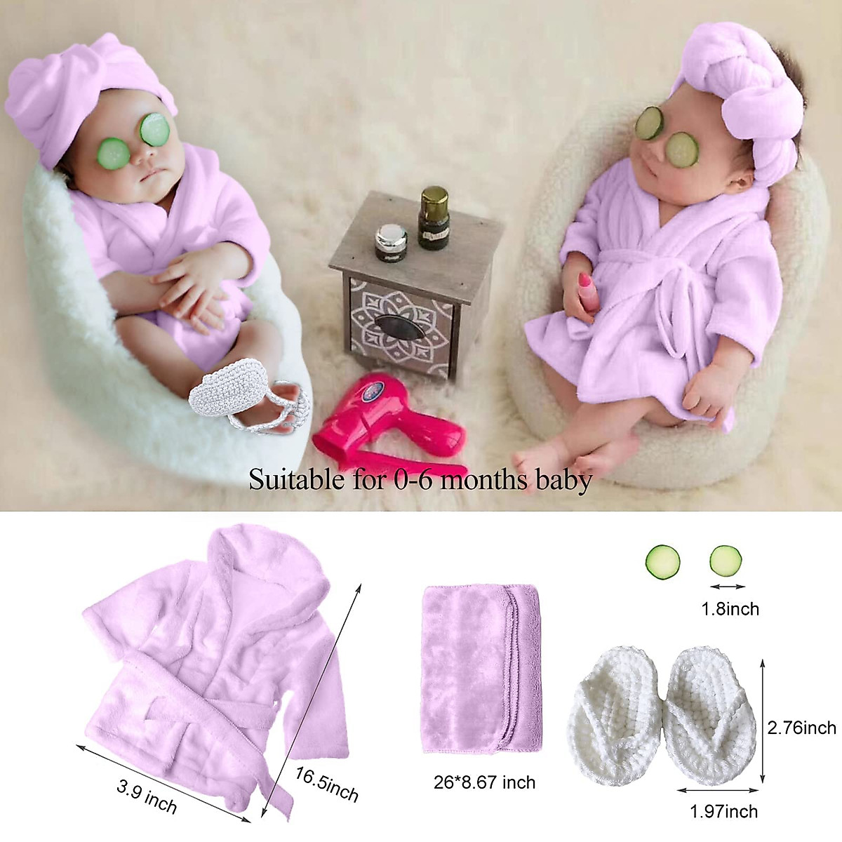 SPOKKI Newborn Photography Props Baby Girl 5 PCS Bathrobes Bath Towel Outfit with Slippers Cucumber Photo Props for Infant Boys Girls(0-6 Months)