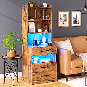 AOGLLATI Tall Night Stand with Charging Station and LED Lights, Nightstand with 3 Drawers, Bedside Table with Bookshelf, Modern End Side Table for Bedroom, Rustic Brown