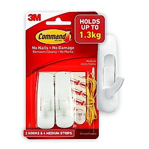 Command Medium Utility Hooks, Damage Free Hanging Wall Hooks with Adhesive Strips, No Tools Wall Hooks for Hanging Christmas Organizers, 2 White Hooks and 4 Command Strips