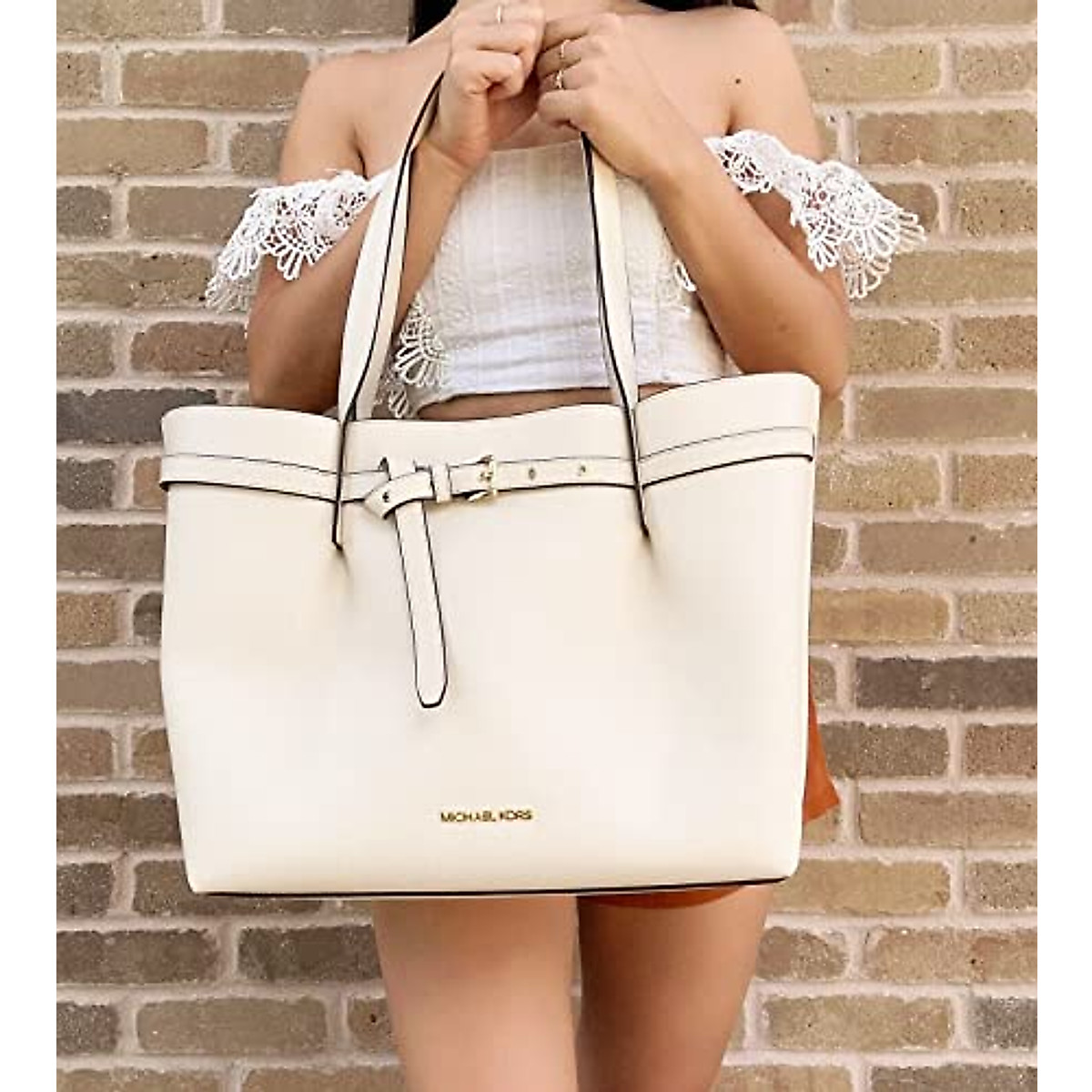 Michael Kors Emilia Triple Compartment Shoulder Tote Light Cream Leather