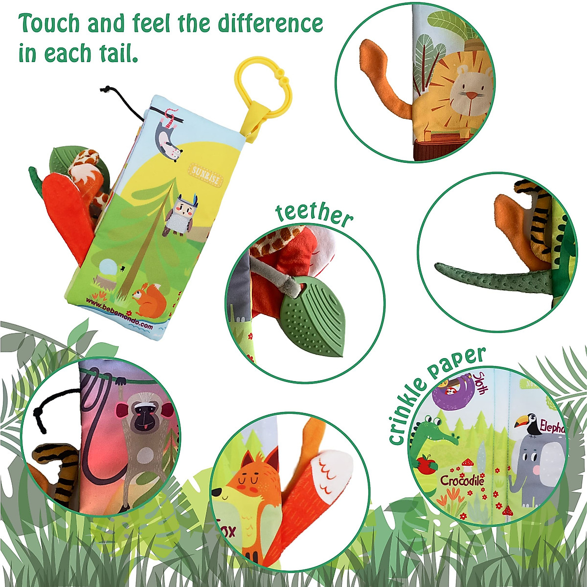 bebe mondo Jungle Baby Book Toys,Baby Books 0-6 Months,Touch and Feel Crinkle Cloth Books for Babies Infant Toys 0-3-6-12-18 Months,Interactive Infant Sensory Soft Toys,Shower Baby for Boys Girls