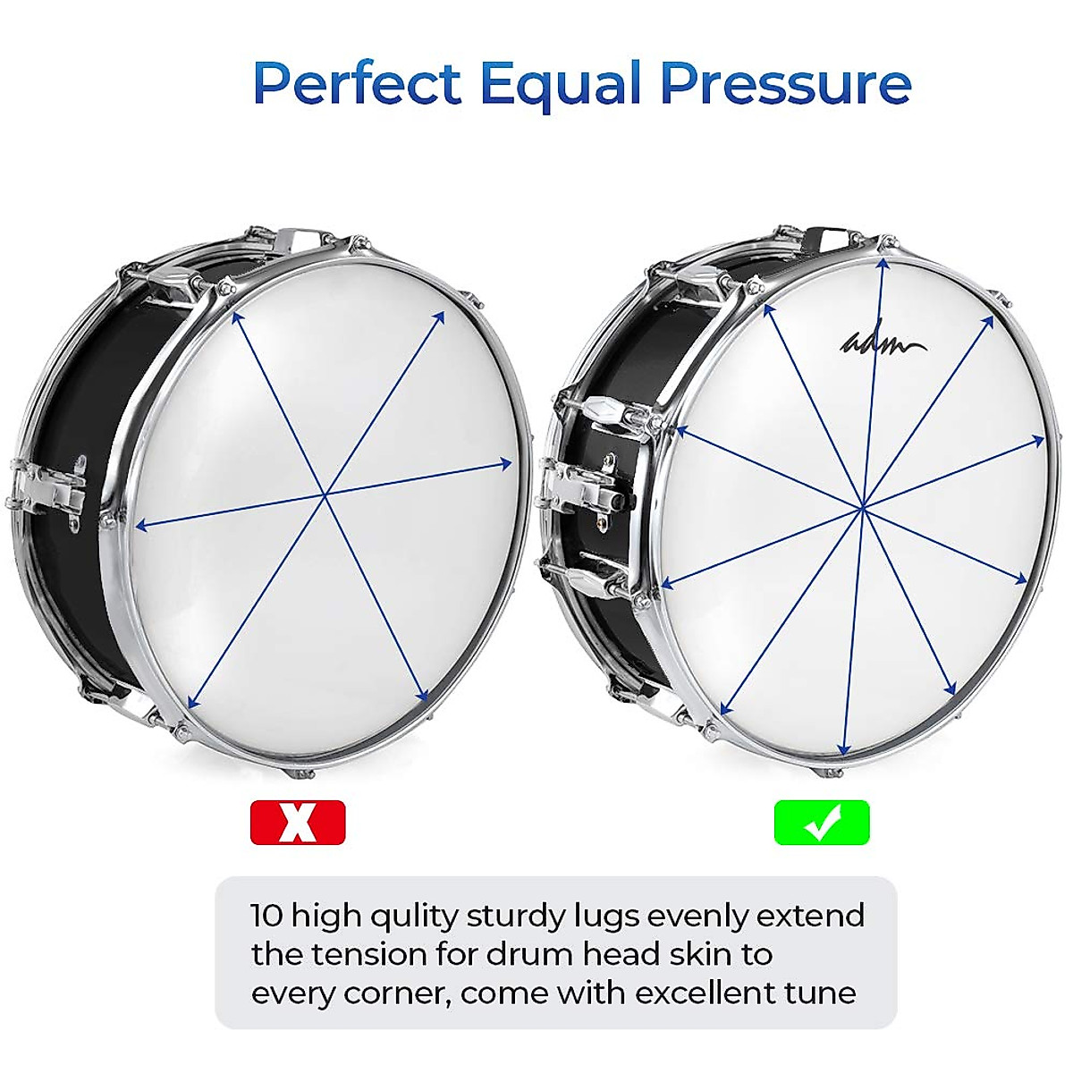ADM 14"X 5.5" Snare Drum Set, Kids Student Snare Drum Beginner Kit with Stand, Drum Mute Pad, Strap, Drum Sticks, Drum Keys, Black