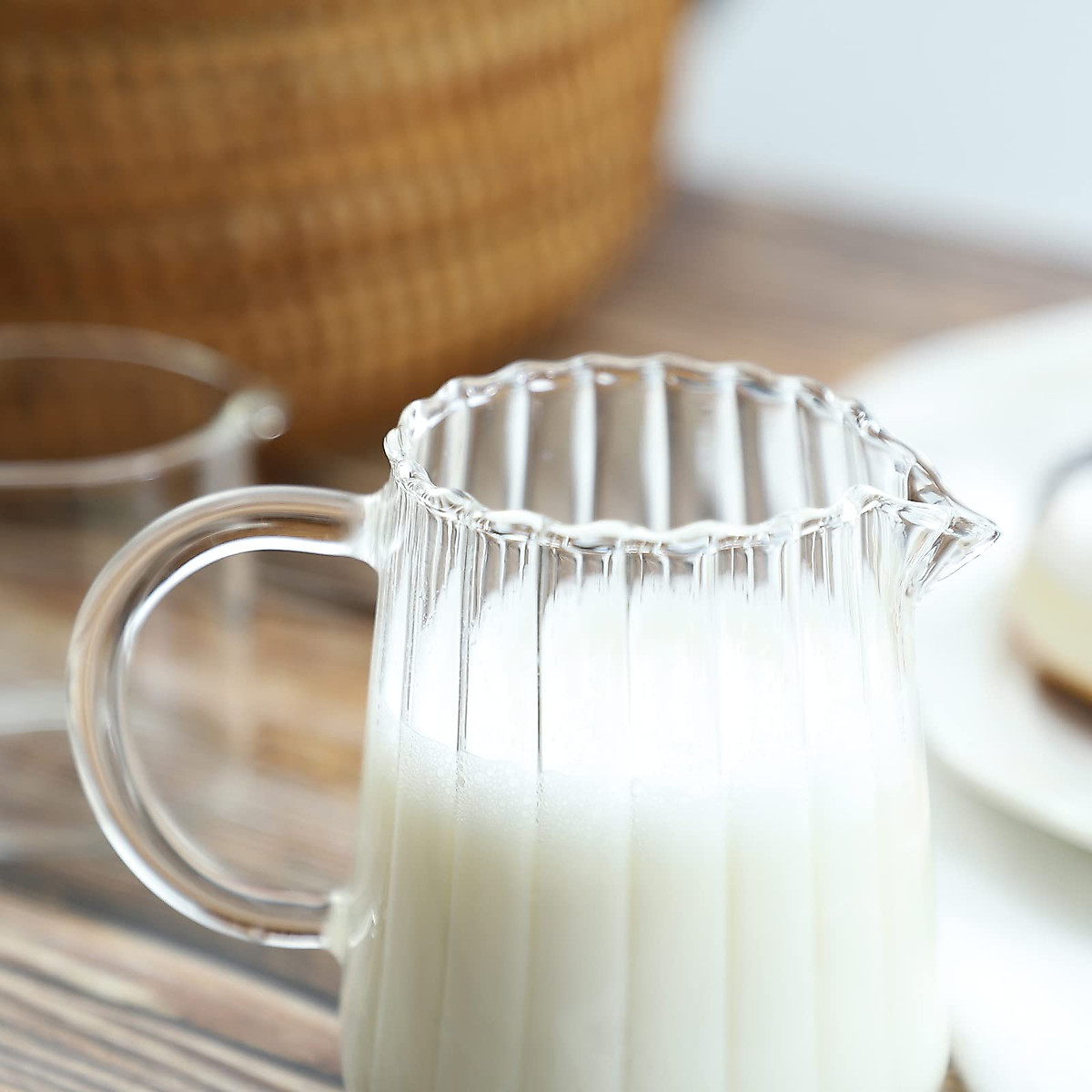 CHOOLD Elegant Wave Shaped Glass Creamer Coffee Milk Creamer Pitcher/Serving Pitcher/Sauce Pitcher/Milk Creamer Jug for Kitchen 8.5 oz, Set of 2