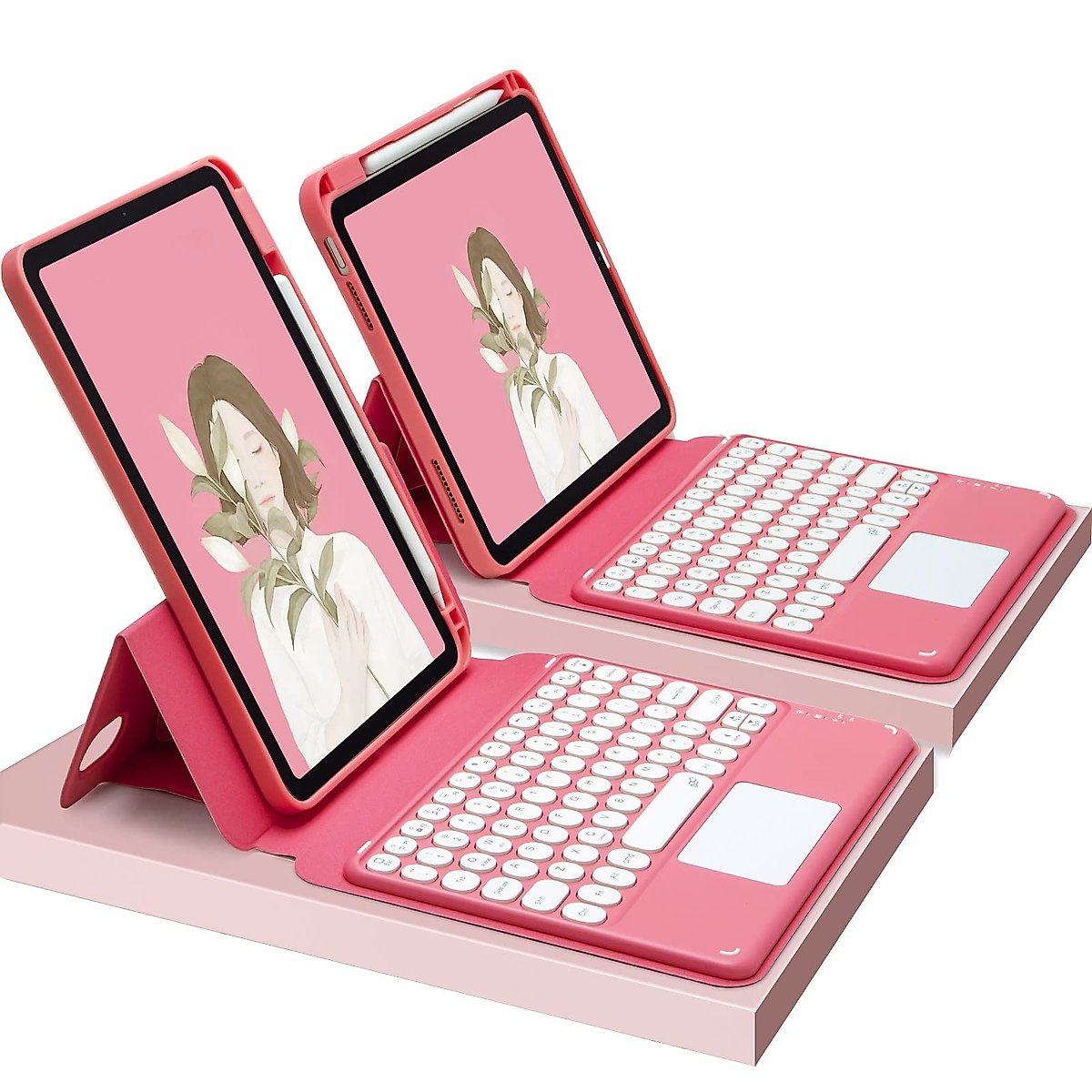HENGHUI Magnetic iPad 10th Generation Keyboard Case with Touchpad Cute Color Keyboard Vertical Stand Movable Clear Back Case Detachable Keyboard (Dark Pink)