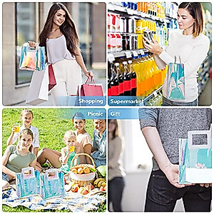 Seazoon 6 Pcs Holographic Small Gift Bag with Handle, Clear Iridescent Reusable Gift Bag, Heavy Duty Clear Party Favor Bags for Baby Shower Wedding Birthday Party Shopping JJ13-1