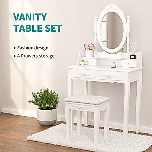 Mecor Vanity Table Set ,Makeup Table with Oval Mirror & Stool, Bedroom Wood Dressing Table with 4 Drawers White