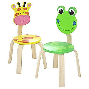 iPlay, iLearn 2 PCS Wooden Kids Chair Sets, Natural Hardwood Giraffe & Frog Animal Children Chairs, Furniture Set for Toddlers Kids Boys Girls, Stackable for Playroom, Nursery, Preschool, Kindergarten