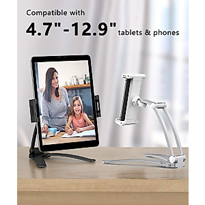 AYADA Kitchen Cabinet Tablet Holder, 2 in 1 Wall Mount Desktop Stand for ipad 12.9 Aluminum Alloy Metal Adjustable Multiangle Foldable Universal Phone Tablet Bracket Cooking Table Counter Top (Silver)