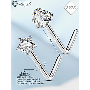 OUFER 925 Sterling Silver Nose Studs, L Shaped Nose Rings Studs, 20G Nostril Solid 3mm Star CZ Nose Piercing Jewelry, Nose Studs For Women Men (L - 3mm Star)