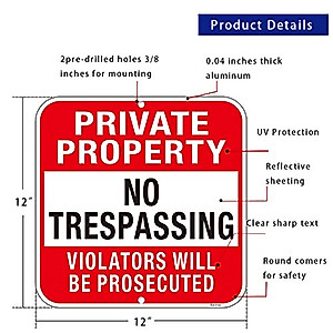Doninex Large (4 Pack) Private Property No Trespassing Sign, 12x12 Inches Metal Heavy Duty Reflective Aluminum, Violators Will Be Prosecuted Signs, Weather Resistant, Weatherproof, Indoor or Outdoor