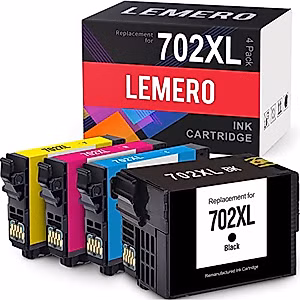 LEMERO Remanufactured Ink Cartridge Replacement for Epson 702 702XL Ink Cartridges to use with Workforce Pro WF-3720 WF-3730 ( Black Cyan Magenta Yellow, 4 Pack)