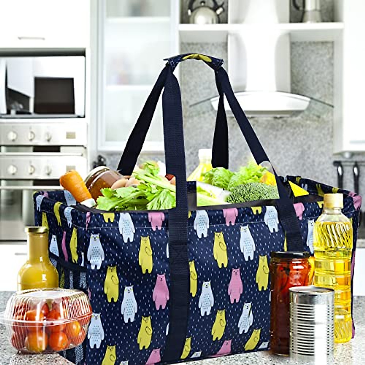 Extra Large Utility Tote Bag Beach Bag Reusable Grocery Bags Collapsible Tote with Wire Frame for Groceries Storage Picnic Blue bear