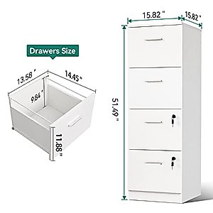 YITAHOME 4-Drawer File Cabinet with Lock, 15.86" Deep Vertical Filing Cabinet, Storage File Drawers for Letter A4-Sized Files, Need to Assemble, White
