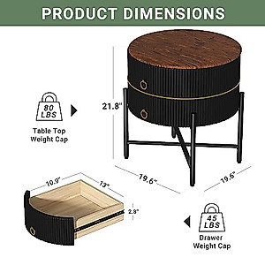 O&K FURNITURE Black Round Side Table for Living Room, Modern End Table with 2 Drawers, Metal Legs Nightstand for Bedroom, Black & Brown