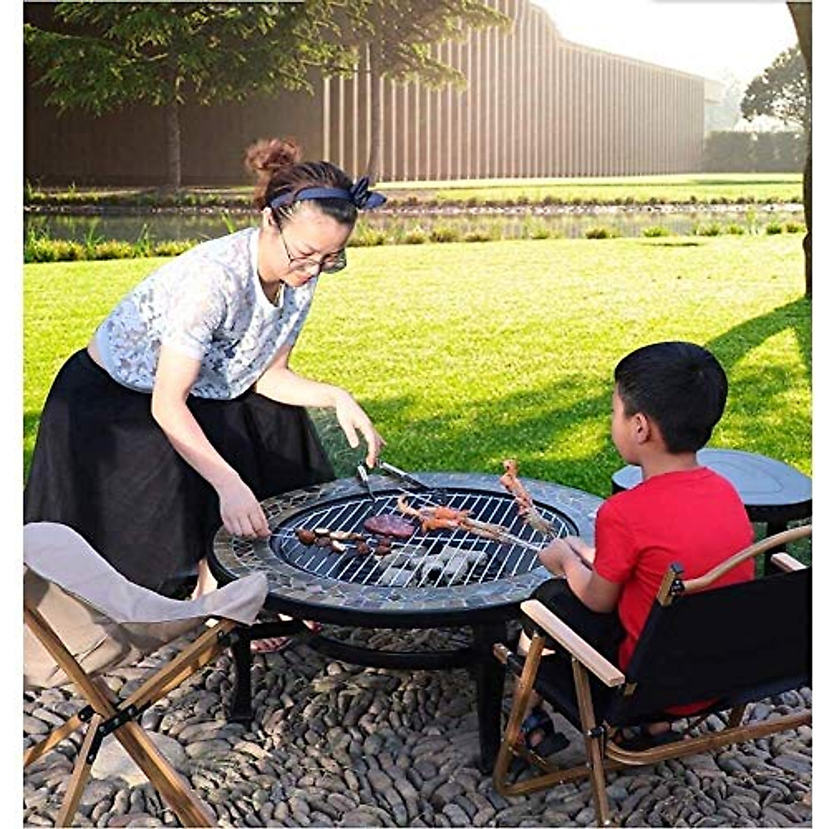 LEAYAN Garden Fire Pit Grill Bowl Grill Barbecue Rack Black Outdoor Fire Pit, Round 34" Natural Slate Top with Spark Screen Cover for Backyard Patio with Cover BBQ Cooking for Camping Backyard