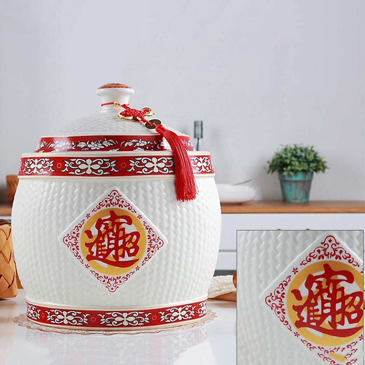 Classic Food Dispensers Ceramic Rice Bucket with Tassel Design, Household Rice Storage Box with Lid, Chinese Sealed Large-Capacity Rice Pot, 4-12.5KG/141-441 OZ