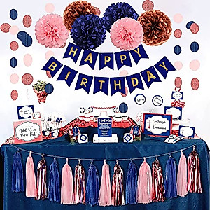 Navy Rose Gold Blue Birthday Party Decorations Set with Happy Birthday banner, Tissue Paper Pom, Circle Dots Garland and Tassel Garland for for Women Grils Navy Rose Gold Birthday Party
