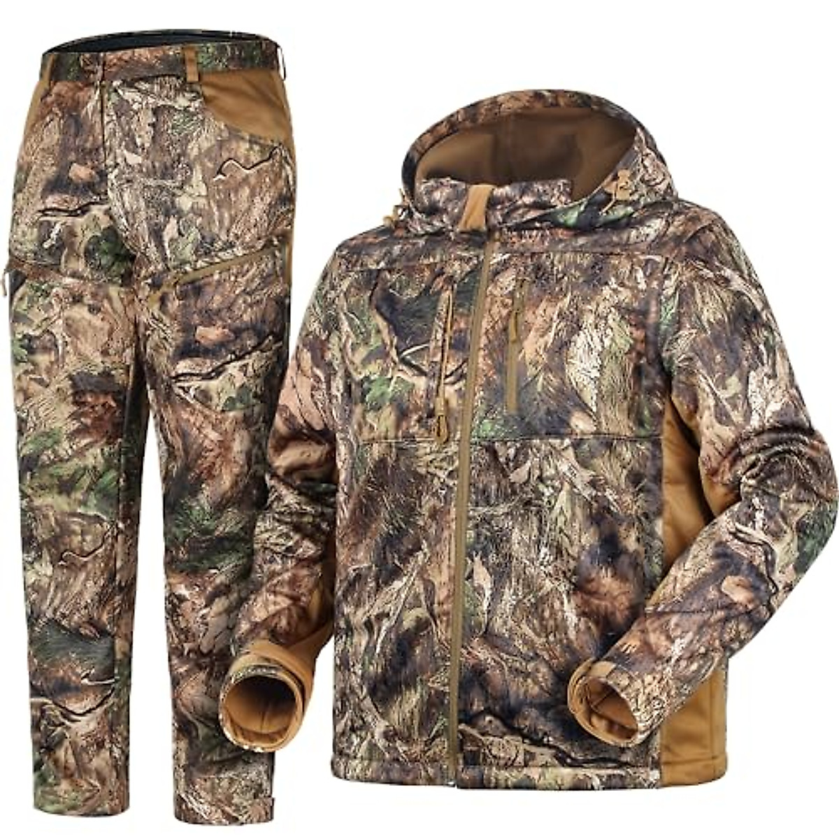 HUNT MONSTER Silent Hunting Clothes for Men, Safety Strap Compatible Hunting Jacket and Pants with Fleece Lining, Quiet, Winter Warm, Water Resistant and Insulated(XL)