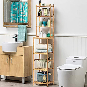 URFORESTIC 7-Tier Bamboo Bathroom Shelf, Narrow Space Shelf for Small Space, Multifunctional Storage Rack, Wood Corner Rack, for Kitchen, Livingroom, Bedroom, Hallway(Natural)