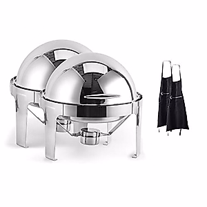 2 Pack 6 QT Round Roll Top Chafing Dish Chafer, Stainless Steel, Each Set Includes Food Pan, Water Pan, Fuel Holder, and Apron- Durable, shiny silver, keeps food warm in catered events