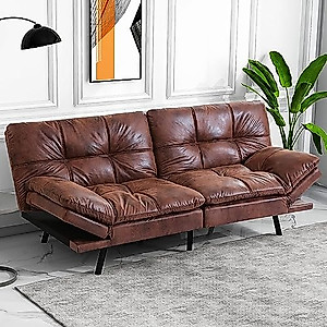 IULULU Futon Sofa Bed Faux Leather Couch with Adjustable Armrests, Modern Industrial Sleeper Daybed for Small Spaces, Living Room, Compact Apartment, Office, House, Condo, Loft, Bungalow, Brown
