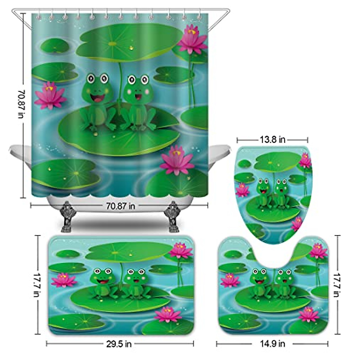 YSWOW 4PCS Bathroom Sets with Shower Curtain and Rugs and Accessories, Green Funny Cartoon Animal Frog on Rainy Tree Branch Modern Bathroom Decor Shower Curtain Sets with Rugs (Frog 15)