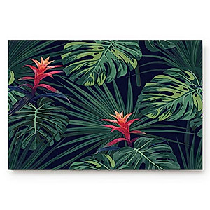 Door Mat Indoor/Outdoor Non Slip Entrance Front Doormat Area Rugs,Hawaiian Tropical Red Flowers and Green Leaves Waterproof Absorb Bathroom/Kitchen Floor Mat Carpet Shoes Scraper16 x24
