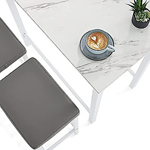 Bar Table Set for 2, White Faux Marbled 3-Piece Counter Height Breakfast Table with 2 Cushioned Stools, Small Dining Kitchen Table Set for Apartment