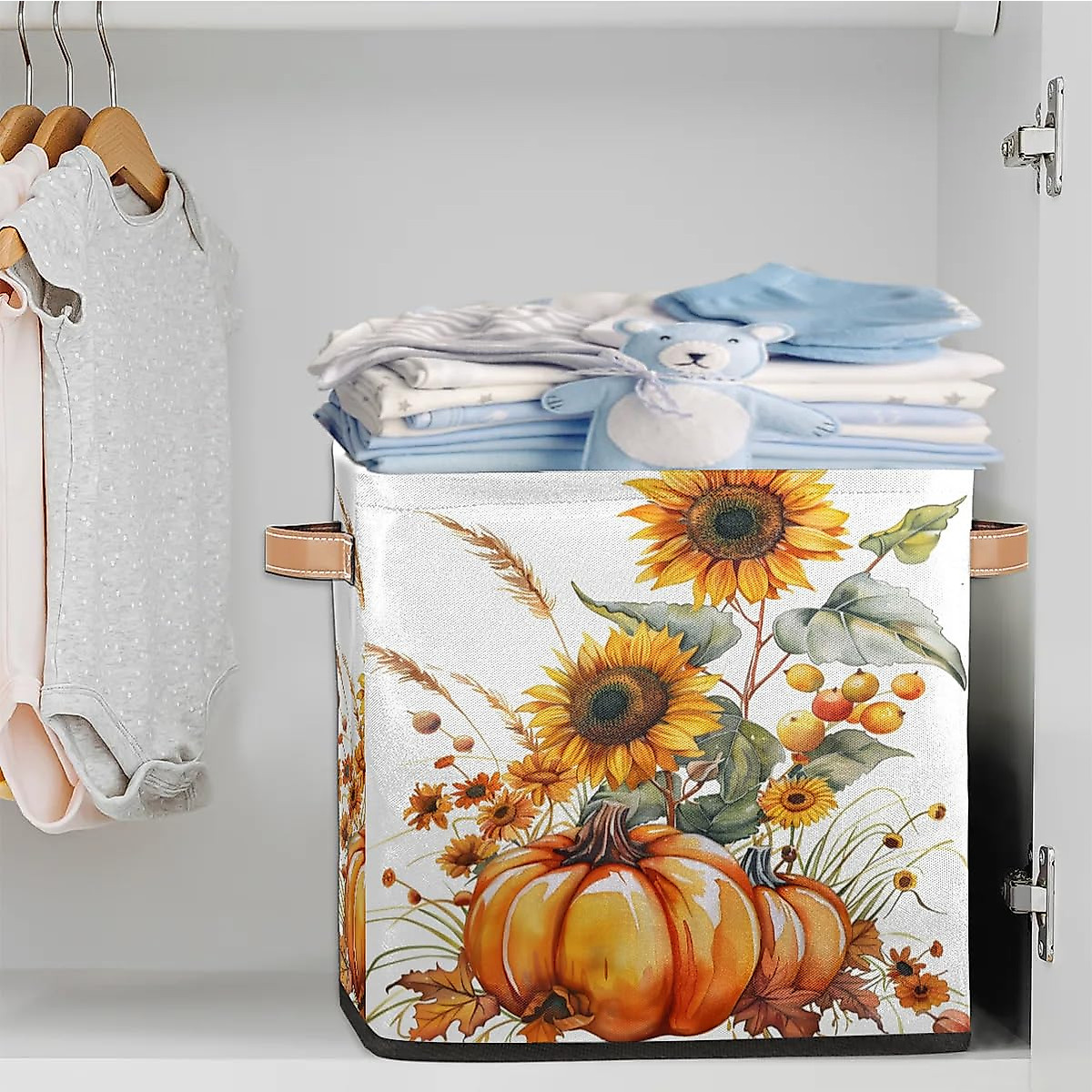 Tablerazzi Fall Pumpkin Simple Cube Storage Bin, 13 Inch Collapsible Fabric Storage Cube Bin, Foldable Cube Baskets for Shelf, Closet, Organizer