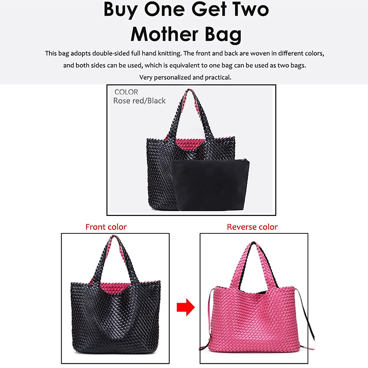 Ladies Handmade Knitting Large Handbags and Purses Casual Tote For Women Summer Beach Travel Bag Woven Composite Shoulder Bag (Rose red&black)