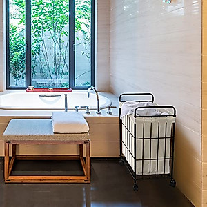 Iron Wire Laundry Hamper With Rolling Lockable Wheels, Folding Laundry Storage Basket with Metal Handles, Detachable Liner Bag Dirty Laundry Hamper Cart Sorter Clothes Basket Organizer