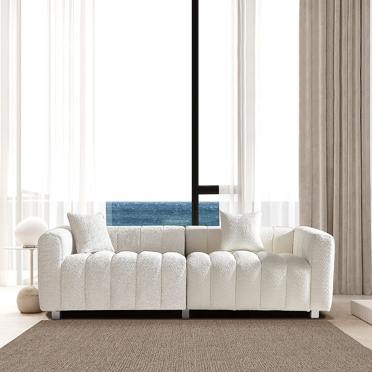 PEIHONGET 87.4" Mid-Century Sofa Couch, 3 Seater Sofa with Two Pillows, Upholstered Sofa Couch Tufted Teddy Fabric Solid Wood Fram and Legs for Living Room Bedroom Office(White)