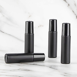 20PCS Roller Bottles 10mL Essential Oil Ultra Thick Matte Black Frosted Glass (2 Openers+3 Pipettes Value Pack), Stainless Steel Roller Balls w/Black Cap
