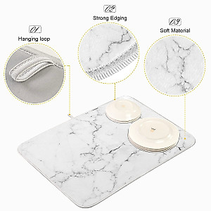 Absorbent Dish Drying Mat for Kitchen Counter - Marble Print Microfiber Drying Pad, Reversible Drainer Mats for Countertop, Medium 16 x 18 inch