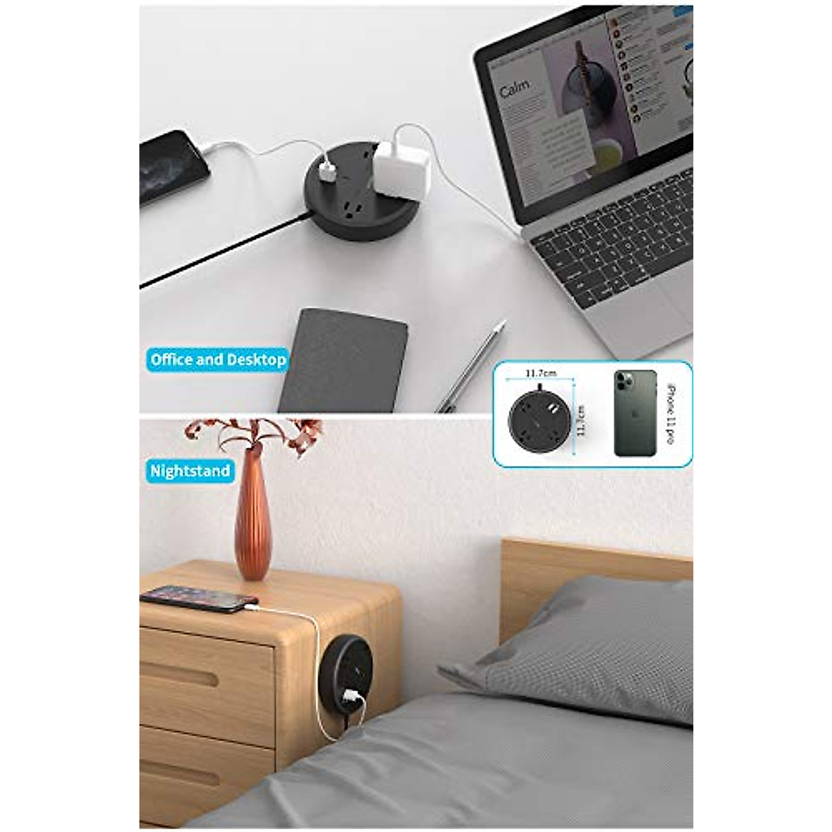 Extension Cord 10 ft, NTONPOWER 3 Widely Spaced Outlets Power Strip with USB Port, Wall Mountable, Flat Plug Extension Cord with USB, Overload Protection for Home, Office, Travel, Dorm Essentials