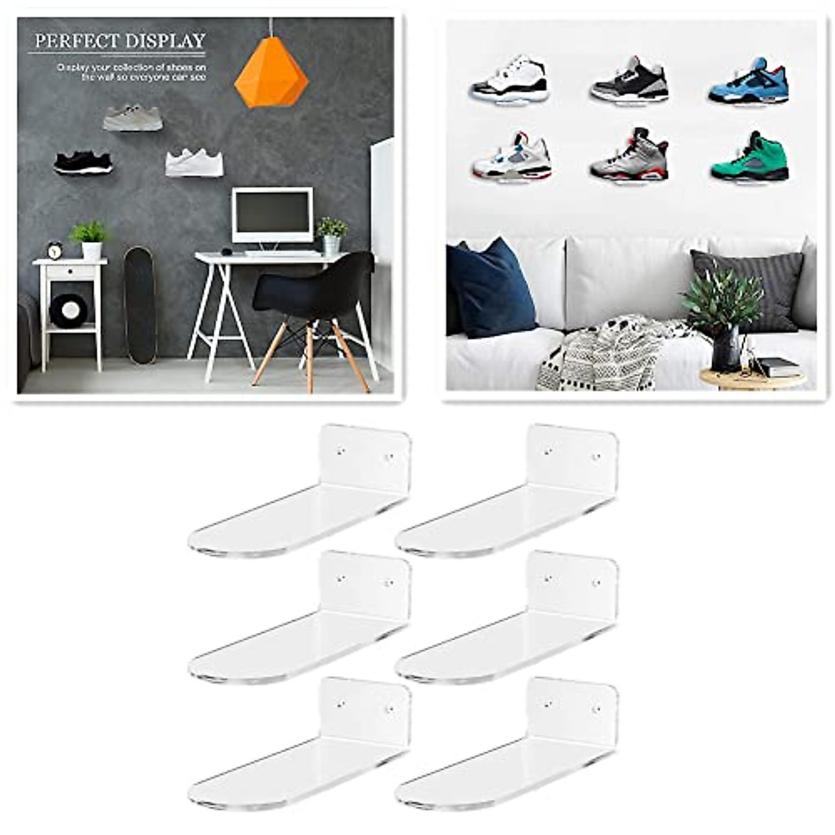 6 Sets Floating Shoe Shelves for Wall, Clear Acrylic Shoe Display for Sneakers Shoe Rack Extra Thick with Screws and Anchors, Wall Mounted Display Shoe Shelves (Transparent)