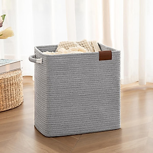OIAHOMY Woven Storage Basket, Wicker Basket for Storage, Decorative Basket, Wicker laundry basket for Organizing, Rectangular Storage Bin, 16.5’’x11.8’’x15’’ Blanket Basket for Living Room, Grey