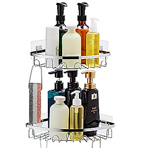Lagute 2-Pack Corner Shower Caddy, SUS304 Stainless Steel, Wall Mounted Bathroom Shelf with Adhesive, Rustproof Storage Organizer for Toilet, Dorm and Kitchen, No Drilling, Silver