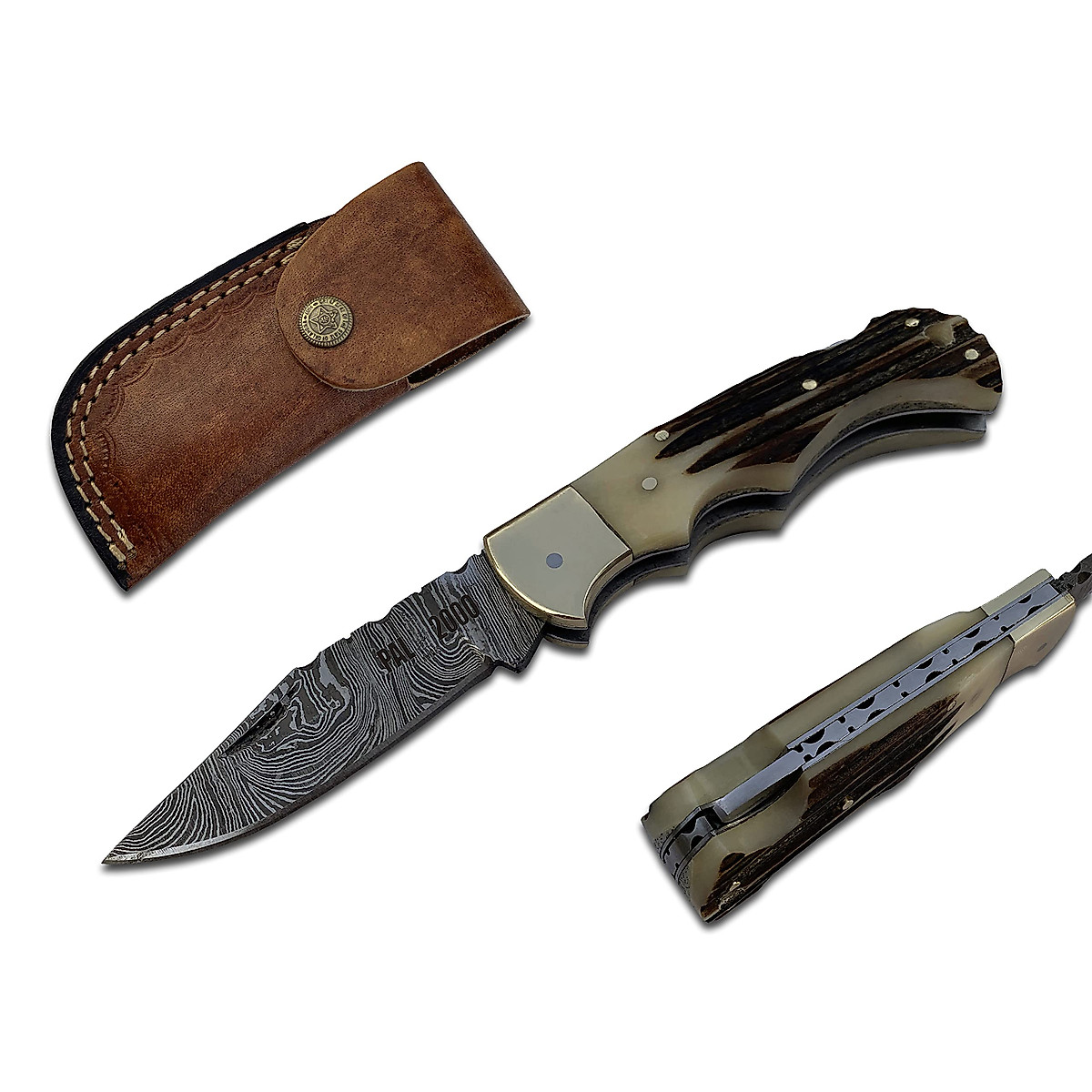 PAL 2000 KNIVES FOL-6016 Handmade Damascus Steel Folding Pocket Knife With Leather Sheath