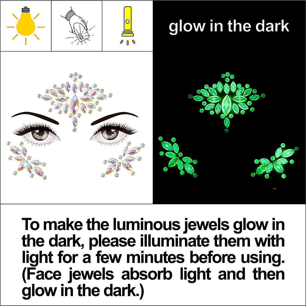 4 Sheets Euphoria Face Gems+10g Chunky Glitter, Rhinestones Stickers Glow in The Dark-Luminous Gems Body Makeup for Music Festivals Rave Carnival Cosplay Gifts for Women(2Luminous)