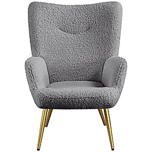 Yaheetech Boucle Reading Chair, Sherpa Furry Casual Accent Chair with High Back and Soft Padded, Modern Fuzzy Sherpa Chair, Cozy Armchair for Living Room Bedroom Office, Gray