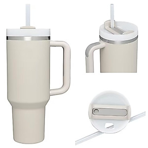 FAMKX 40oz Insulated Travel Mug Tumbler With Handle And Straw,Stainless Steel Double wall Vacuum Thermos Cup Keep Drink Cold and Hot (Dune#)