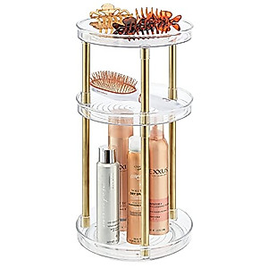 mDesign Spinning 3-Tier Lazy Susan 360 Rotating Makeup Organizer Storage Tower - Beauty Cosmetic Organization Caddy for Bathroom Vanity, Countertop, Makeup Table - Ligne Collection - Clear/Soft Brass