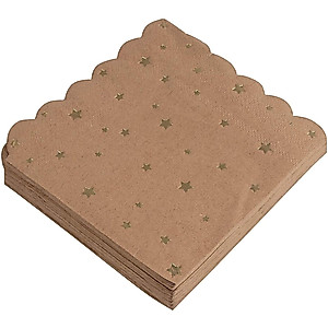 Juvale Cocktail - 50-Pack Disposable Kraft Paper Napkins, Rustic Holiday, Wedding, Birthday Party Supplies, Metallic Gold Foil Stars and Scalloped Edge Design, 3-Ply, Brown, Folded 4.8 x 4.7 Inches