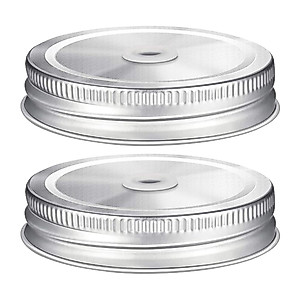 2pcs Mason Jar Straw Lids 3.3in Sealing Lid with Hole Stainless Steel Perforated Cover Secure Jar Caps Leak Proof Canning Cap Drinking Jar Cover